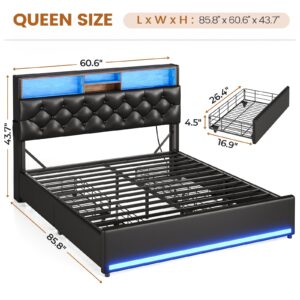 BTHFST Queen Bed Frame with 4 Drawers & Hidden Storage Headboard, LED Bed Frame Queen Size with Charging Station, Upholstered Bed Frame Queen with Metal Slats, No Box Spring Needed, Black PU