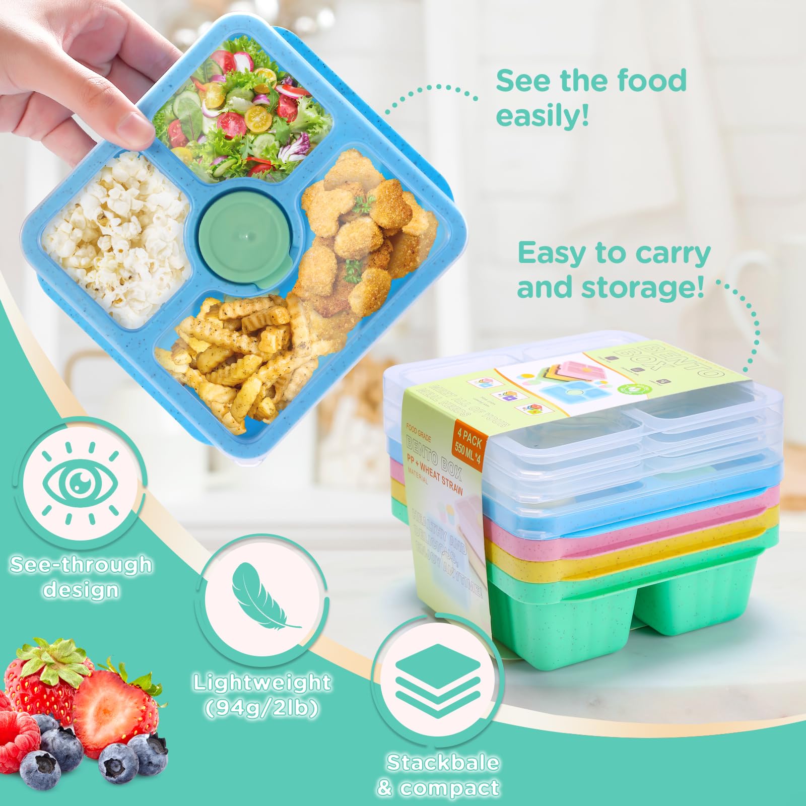 QQKO Bento Snack Box Containers for Adults Kids, Lunchable Meal Prep Containers Reusable, 4 Pack Divided Food Storage Containers with Lids, Stackable Lunch Box Containers with Sauce Cups, Pastel