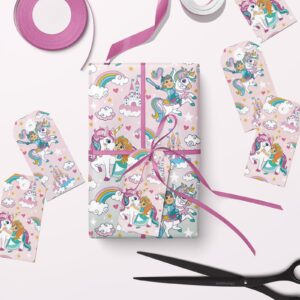 LeZakaa Birthday Wrapping Paper Roll - Mini Roll - Purple Unicorn/Castle, Rainbow/Girl, Unicorn Print for Kids, Girl, Women Gift Wrapping Party Favor - 17.5 x 120 inches, 3 Rolls (42.5 sq.ft.ttl.)