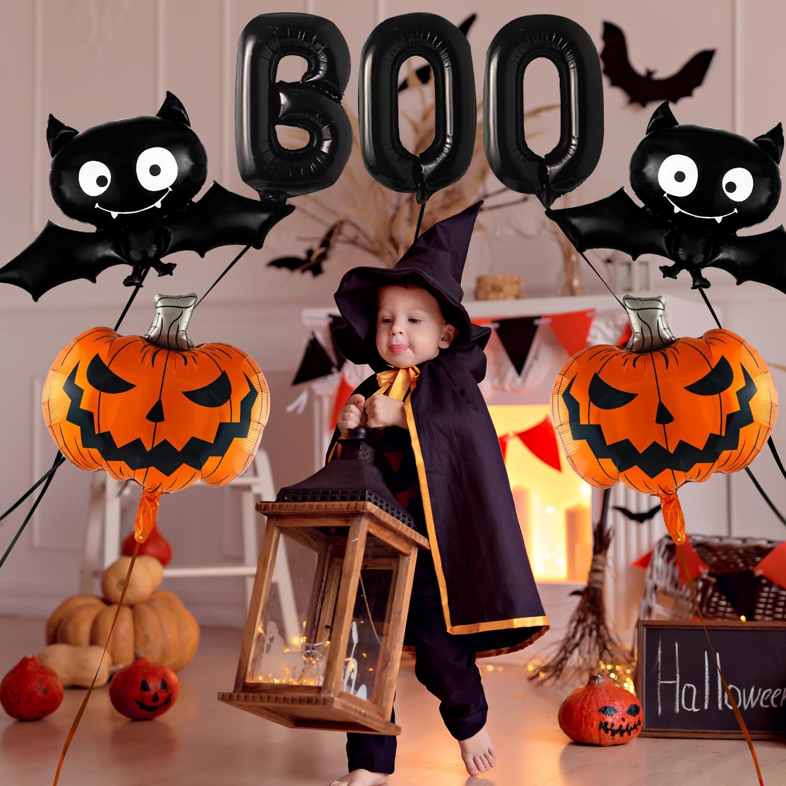 BACOKEY 7Pcs Halloween Balloons, Halloween Boo Bat Pumpkin Foil Mylar Balloons for Halloween Party Decorations