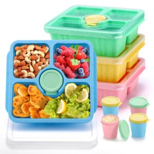 qqko bento snack box containers for adults kids, lunchable meal prep containers reusable, 4 pack divided food storage containers with lids, stackable lunch box containers with sauce cups, pastel