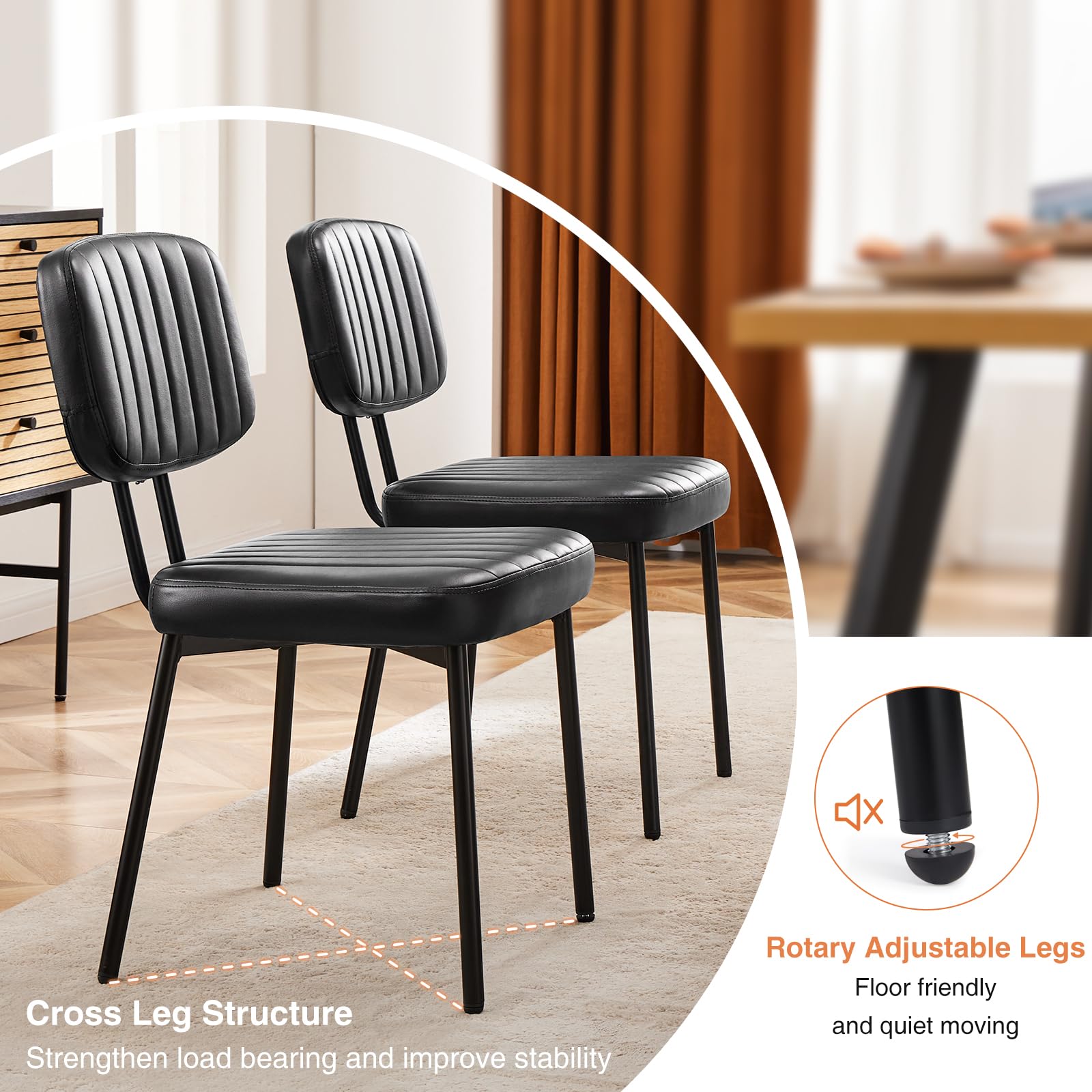 Sweetcrispy Dining Chairs Set of 4, Upholstered Mid Century Modern Kitchen Dining Room Accent Chairs with Faux Leather Cushion Seat & Metal Legs for Kitchen, Living Room - Black