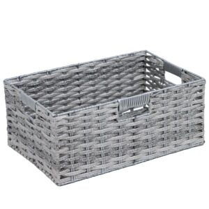 large storage basket, rectangular wicker basket for organizing, waterproof plastic woven basket for storage, shelf basket with built-in handles, pantry baskets-1 pack