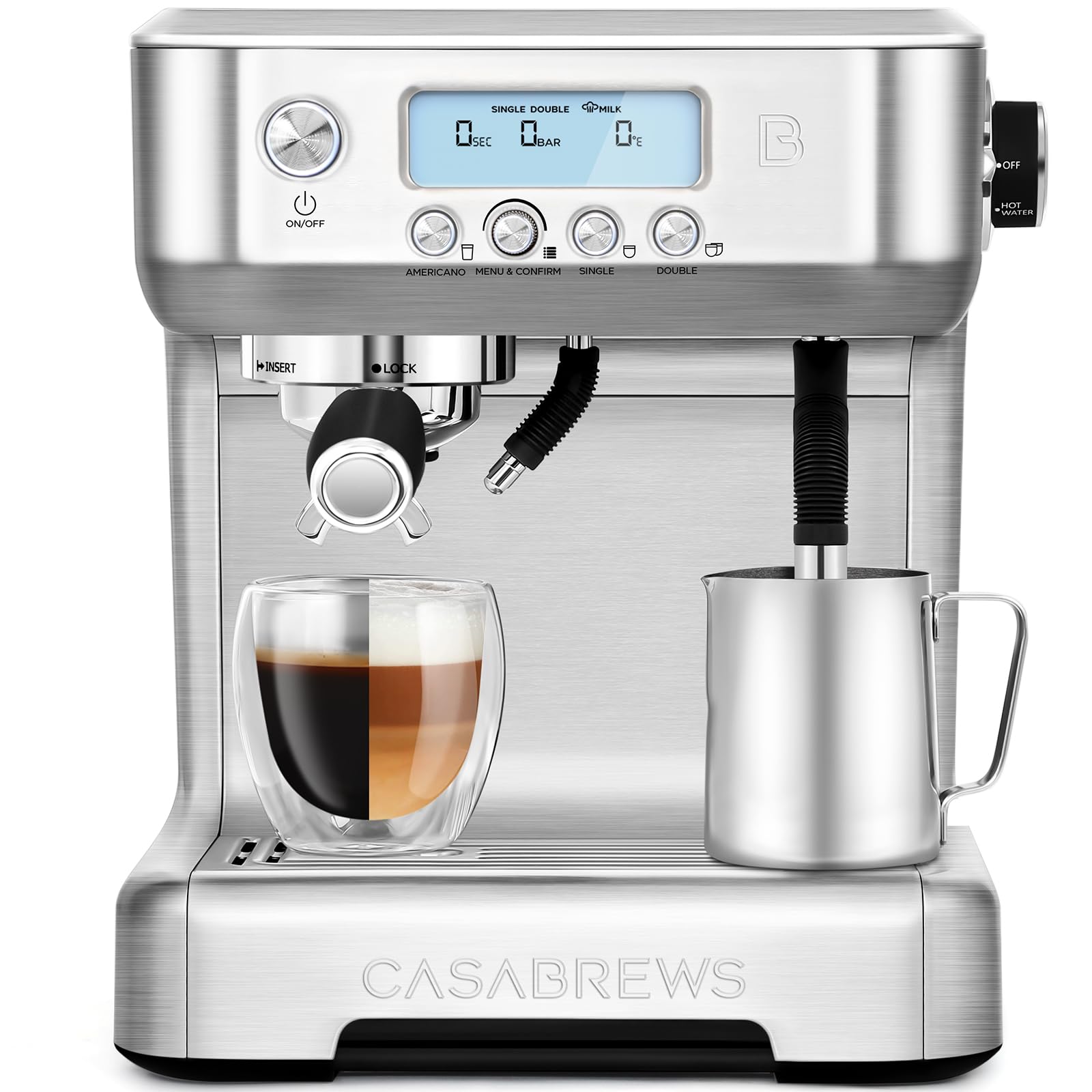 CASABREWS Espresso Machine with Automatic Milk Frother, 20 Bar Espresso Maker with Dual Boiler and LCD Display, Barista Cappuccino Latte Maker with Separate Hot Water System for Americano, Silver