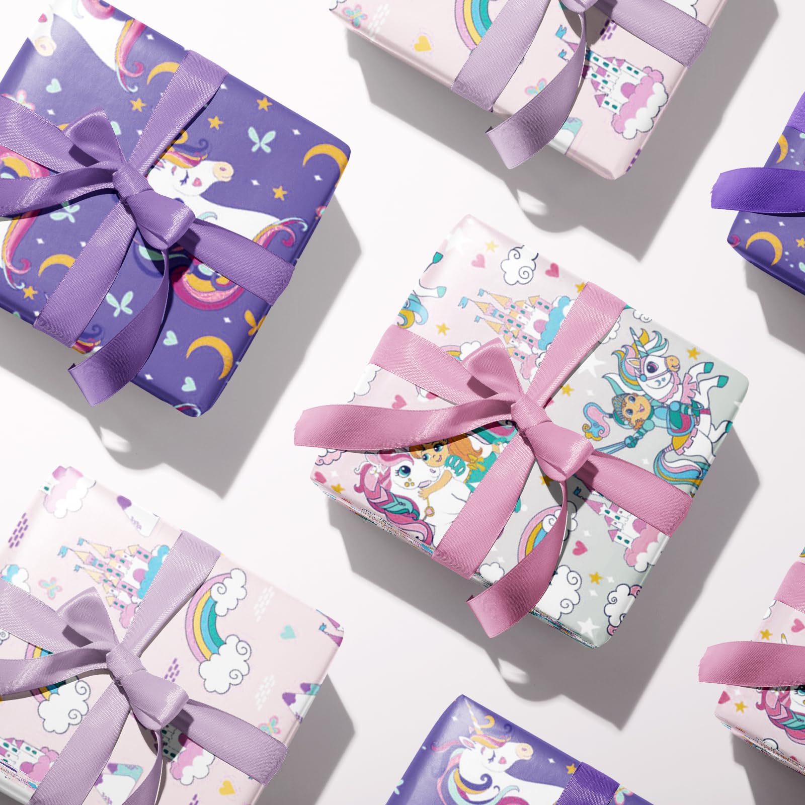 LeZakaa Birthday Wrapping Paper Roll - Mini Roll - Purple Unicorn/Castle, Rainbow/Girl, Unicorn Print for Kids, Girl, Women Gift Wrapping Party Favor - 17.5 x 120 inches, 3 Rolls (42.5 sq.ft.ttl.)