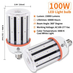 1000W Equivalent Led Corn light bulbs, 15000 Lumen LED Corn Bulb 100W 5000K Daylight White Lamp,E26/E39 Medium Mogul Base,2-Pack Large Area Lights For Outdoor Indoor Warehouse Garage High Bay Lighting