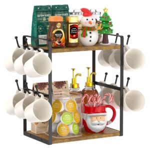 esluker.ly 2 tier coffee bar organizer for home office, multi-functional countertop mug holder stand rack, coffee station accessory storage shelf with 12 hooks, space-saving coffee nook enhancer