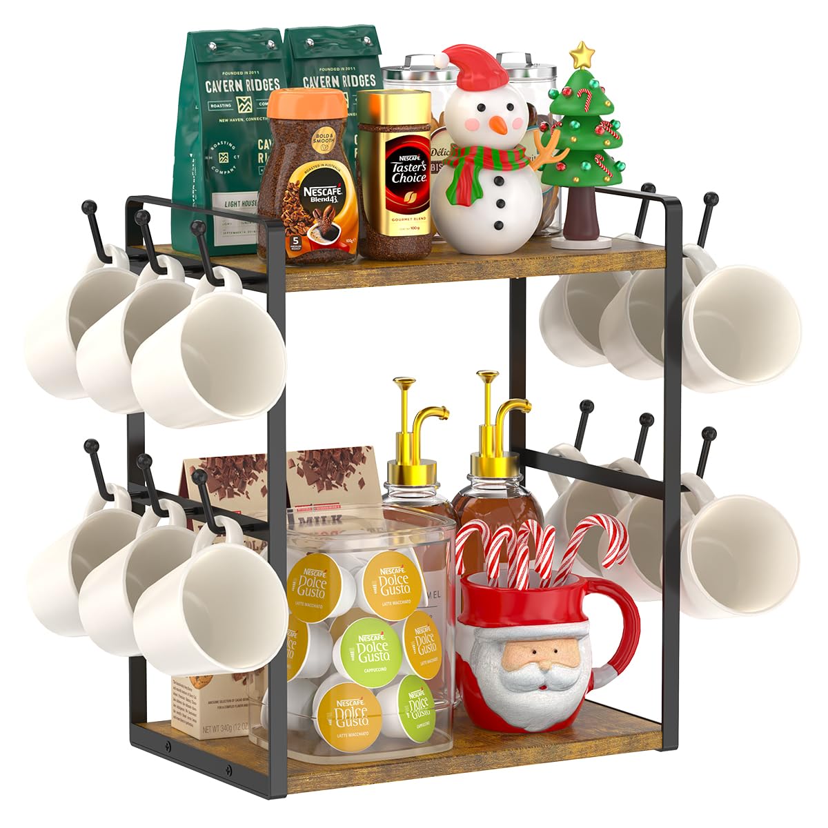 EsLuker.ly 2 Tier Coffee Bar Organizer for Home Office, Multi-functional Countertop Mug Holder Stand Rack, Coffee Station Accessory Storage Shelf with 12 Hooks, Space-Saving Coffee Nook Enhancer