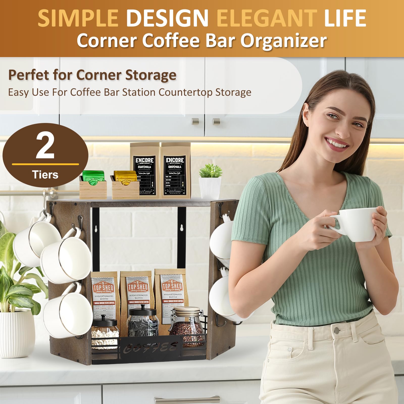 Ouvibor 2 Tier Coffee Bar Organizer for Home Office, Multi-functional Countertop Mug Holder Stand Rack Coffee Bar Storage Accessory with 12 Hooks for Coffee Bar Kitchen