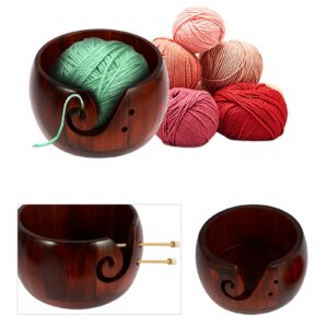 US Wooden Yarn Bowl Round Crochet Bowl Holder with Holes Pine Knitting Yarn Bowls Wooden Weaving Thread Bowl with Lid Portable Yarn Storage Bowl for DIY Knitting Crafts 5.9x5.9x3 inch(Dark -colored)