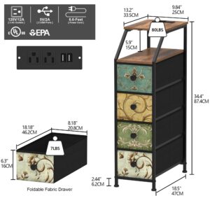 Tohomeor Narrow Dresser Tall Skinny Storage Tower Vertical Slim Chest of Drawers with Charging Station Small Nightstand Side Table for Bedroom, Bathroom, Small Spaces (Retro Flower, 4 Drawers)