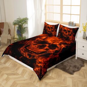 Feelyou Sugar Skull Bedding Set Twin Size Gothic Skull Comforter Cover Set for Kids Teens Adults Halloween Themed Duvet Cover Smokey Orange Black Bedspread Cover Room Decor 2Pcs with 1 Pillow Case