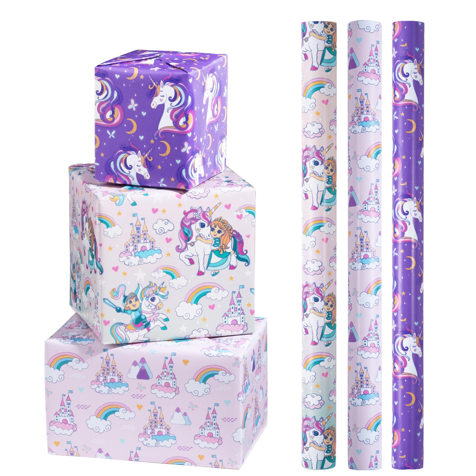 LeZakaa Birthday Wrapping Paper Roll - Mini Roll - Purple Unicorn/Castle, Rainbow/Girl, Unicorn Print for Kids, Girl, Women Gift Wrapping Party Favor - 17.5 x 120 inches, 3 Rolls (42.5 sq.ft.ttl.)