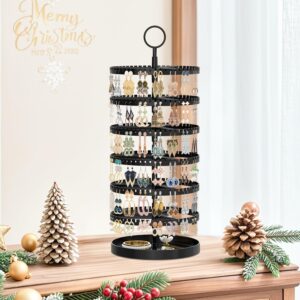 iDavosic.ly 6 Tier Rotating Earring Holder Organizer with Metal Tray, Adjustable Plastic Earring Display Stands Tree with 342 Grooves, Large Earring Storage Rack Tower for Hoop Dangle, Black