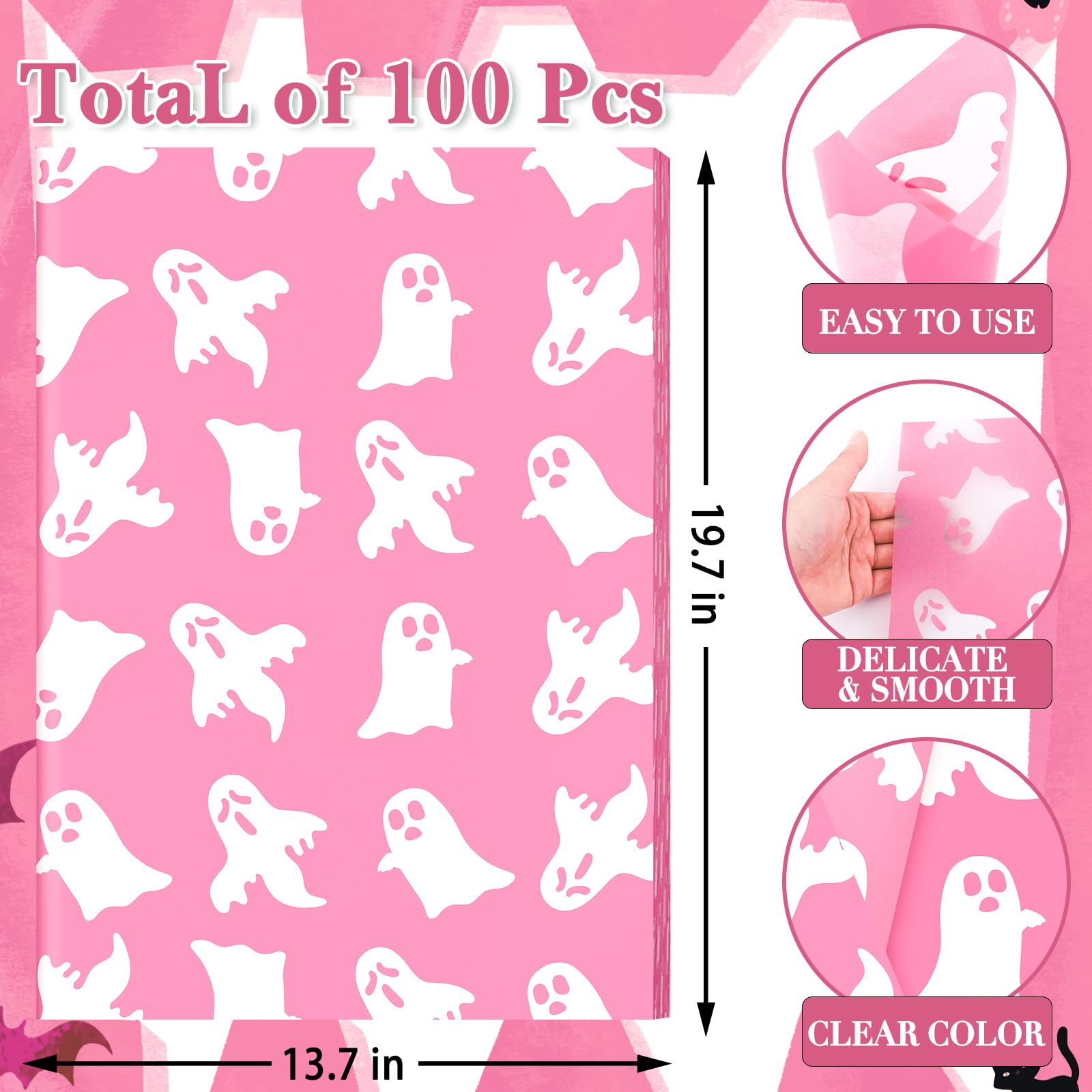 100 Sheets Halloween Pink Boo Tissue Paper, 20 x 14in Pink Ghost Print Wrapping Tissue Cute Ghpst Art Decorative Tissue for Happy Boo Day Girls Baby Shower Birthday Party Supplies