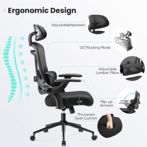 Ergonomic Mesh Office Chair, High Back Desk Chair with 2D Headrest, Up&Down Lumbar Support, Swivel Computer Task Chair with Adjustable Flip-up Armrests, Black