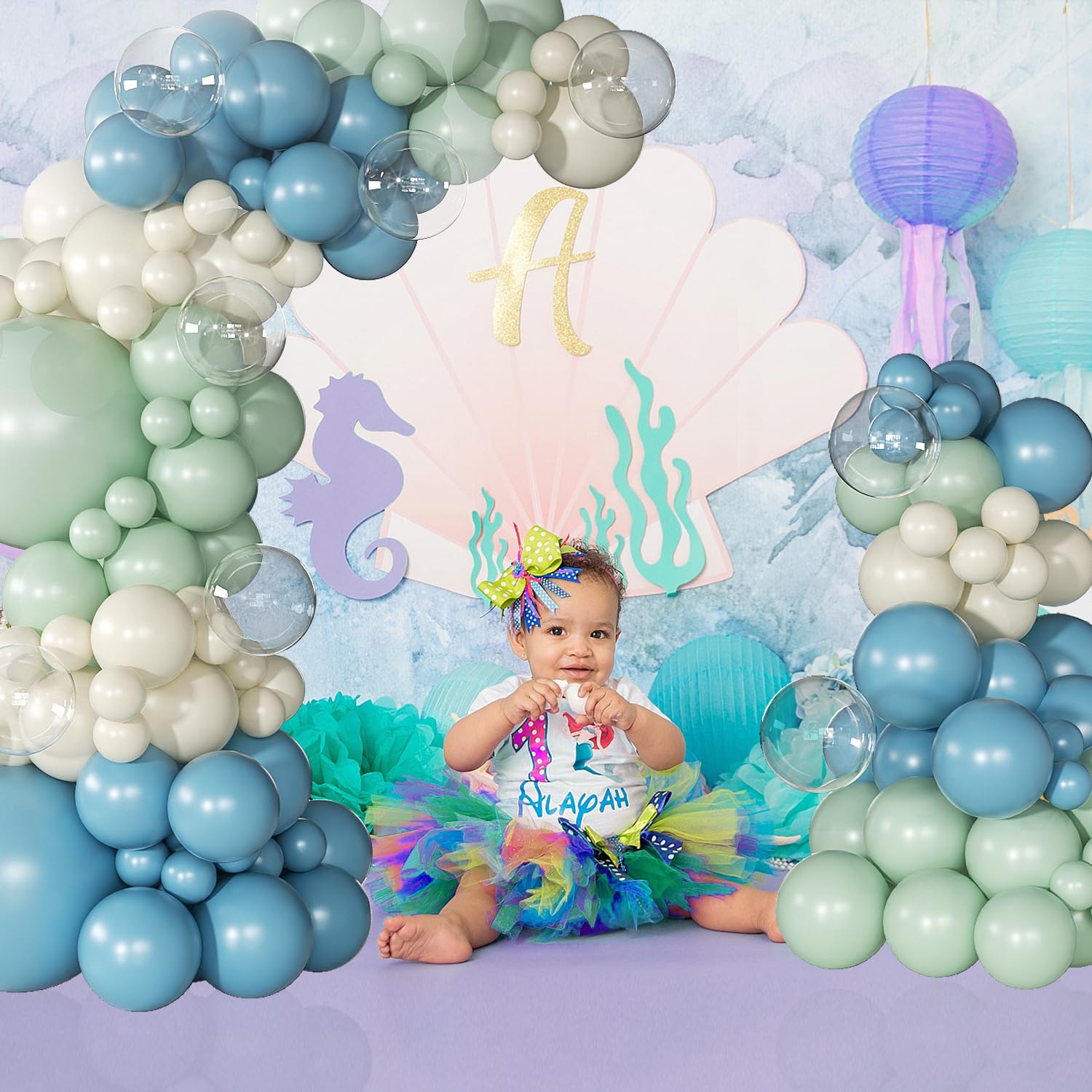 Under the Sea Party Decorations, Dust Green Blue Under the Sea Balloon Garland Arch kit, Ocean Themed Party Decorations Baby Shower Birthday Party Decor(136Pcs)