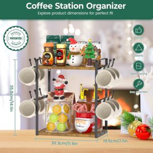 EsLuker.ly 2 Tier Coffee Bar Organizer for Home Office, Multi-functional Countertop Mug Holder Stand Rack, Coffee Station Accessory Storage Shelf with 12 Hooks, Space-Saving Coffee Nook Enhancer