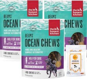 aurora pet bundle (3) ocean chews wolfish skins dehydrated dog treats (6-oz each) with aurorapet wipes