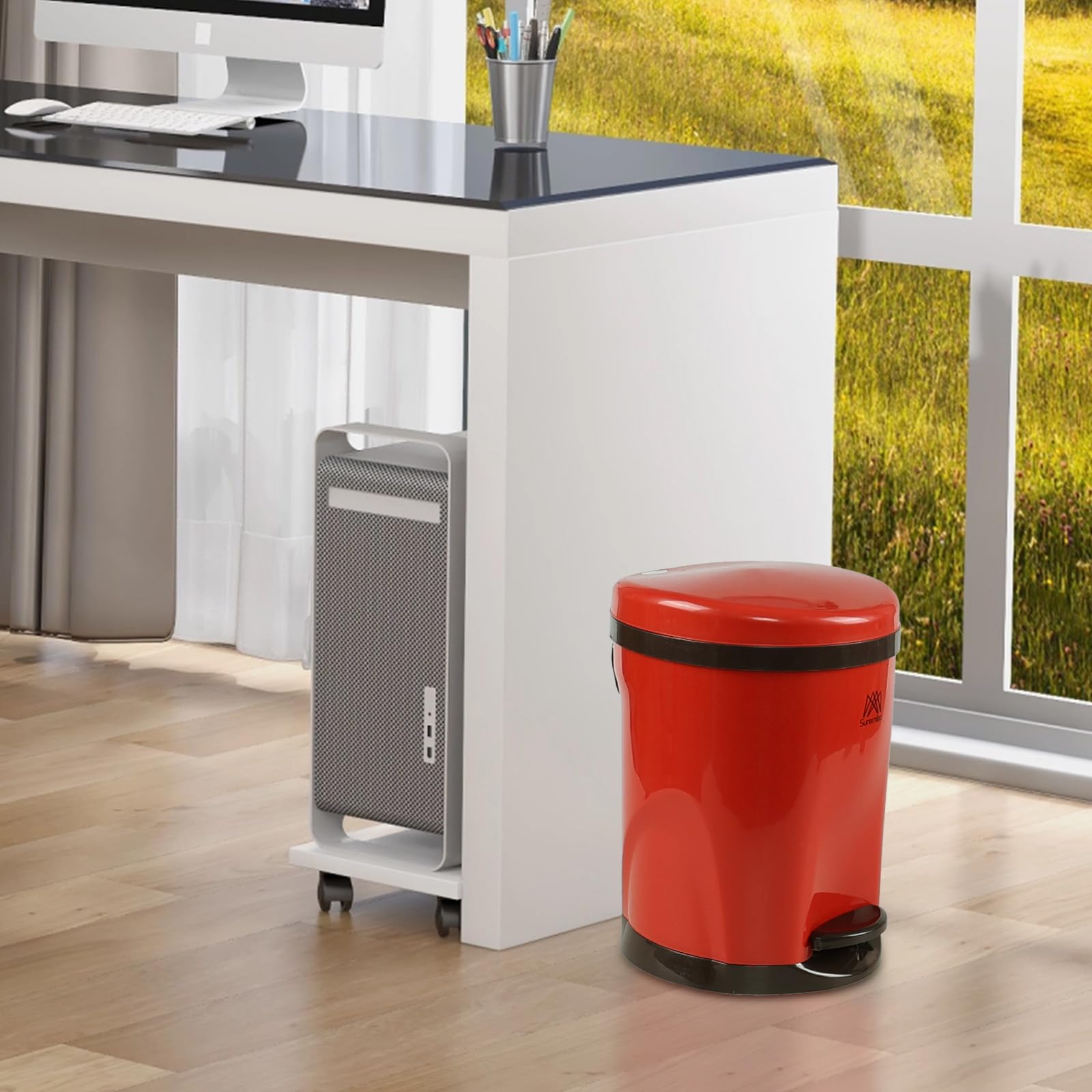 Afromy Small Bathroom Trash Can with Lid Soft Close, Step Pedal, 1.8 Gallon Garbage Can with Removable Inner Bucket, Red