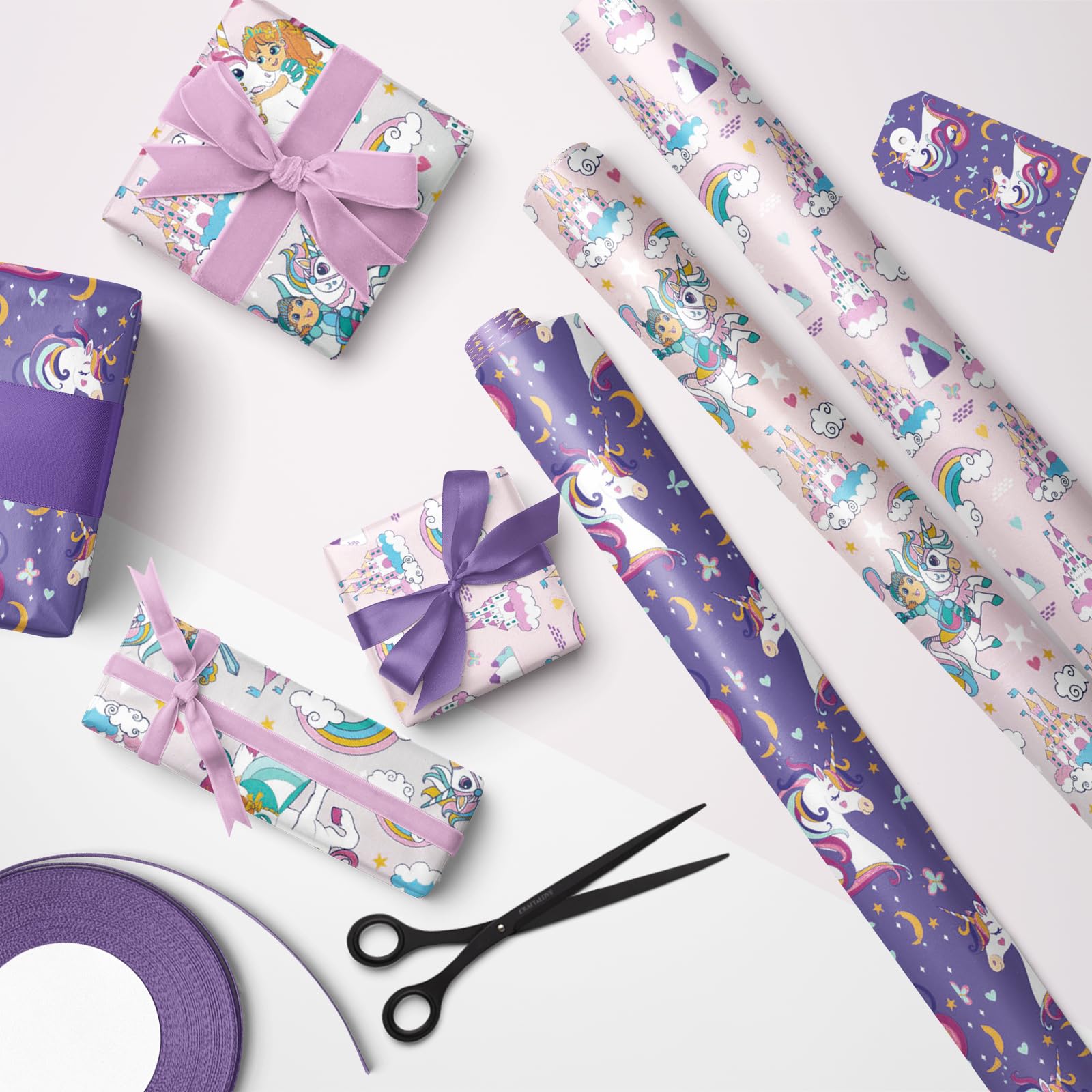 LeZakaa Birthday Wrapping Paper Roll - Mini Roll - Purple Unicorn/Castle, Rainbow/Girl, Unicorn Print for Kids, Girl, Women Gift Wrapping Party Favor - 17.5 x 120 inches, 3 Rolls (42.5 sq.ft.ttl.)