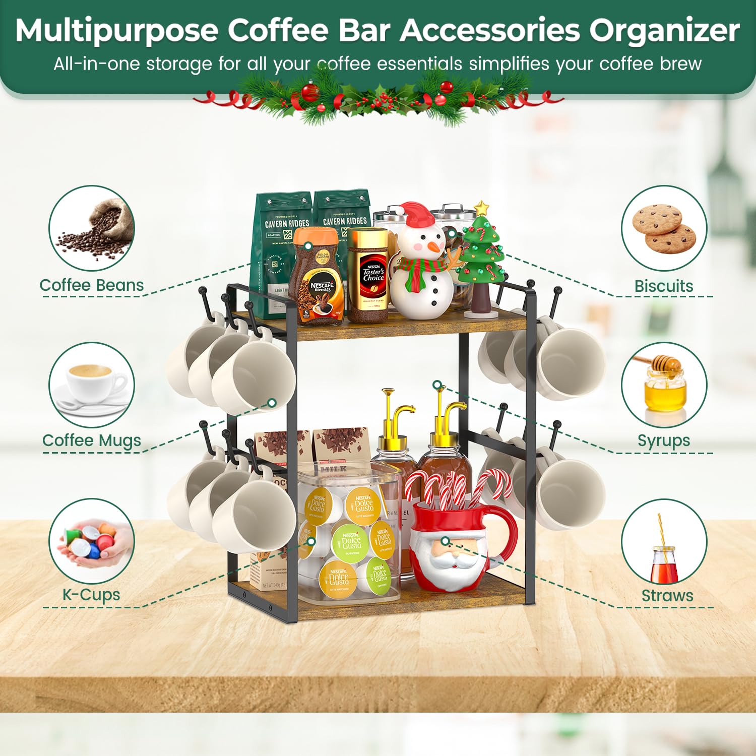 EsLuker.ly 2 Tier Coffee Bar Organizer for Home Office, Multi-functional Countertop Mug Holder Stand Rack, Coffee Station Accessory Storage Shelf with 12 Hooks, Space-Saving Coffee Nook Enhancer