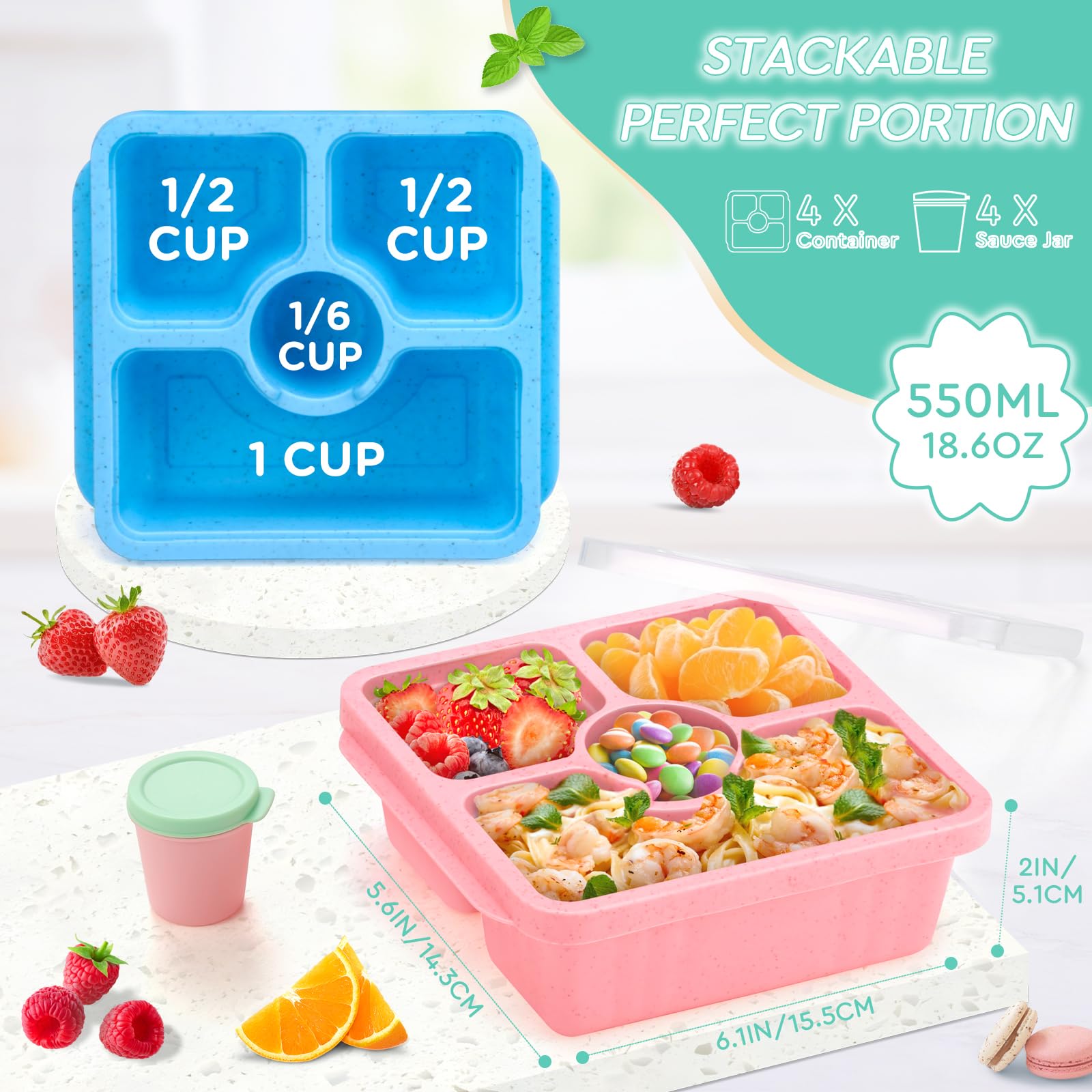 QQKO Bento Snack Box Containers for Adults Kids, Lunchable Meal Prep Containers Reusable, 4 Pack Divided Food Storage Containers with Lids, Stackable Lunch Box Containers with Sauce Cups, Pastel