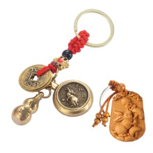 2 in 1 feng shui wu lou brass gourd 12 zodiac wood carved lucky key chain for chinese style gifts(rabbit)