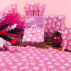 100 Sheets Pink Ghost and Boo Tissue Paper, 20 x 14in Halloween Pink Ghost Print Wrapping Tissue Cute Ghost Art Decorative Tissue for Happy Boo Day Girls Baby Shower Birthday Party Supplies