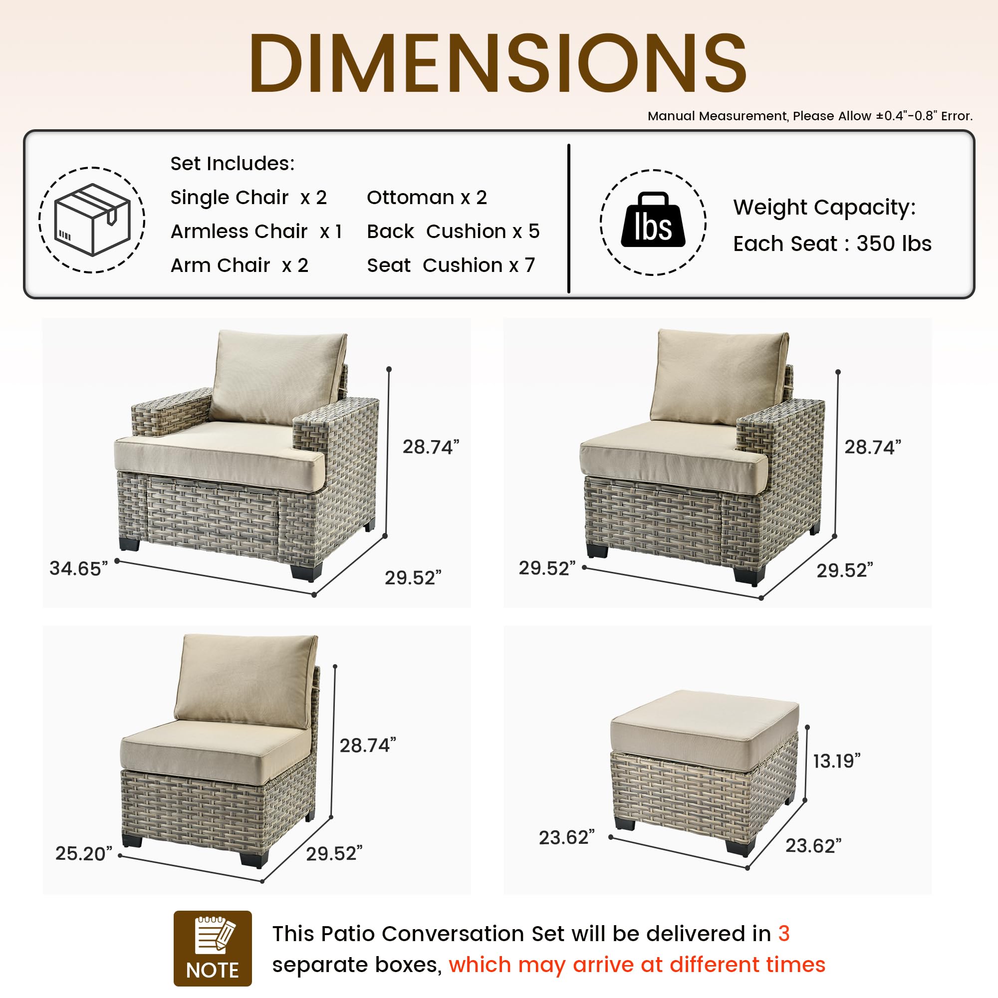 CAODOC Patio Furniture Sets 7 Pieces Outdoor Sectional Rattan Sofa Manual Weaving Wicker Patio Conversation Set with Ottomans and T Cushion(Beige)