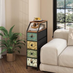 Tohomeor Narrow Dresser Tall Skinny Storage Tower Vertical Slim Chest of Drawers with Charging Station Small Nightstand Side Table for Bedroom, Bathroom, Small Spaces (Retro Flower, 4 Drawers)