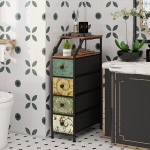 Tohomeor Narrow Dresser Tall Skinny Storage Tower Vertical Slim Chest of Drawers with Charging Station Small Nightstand Side Table for Bedroom, Bathroom, Small Spaces (Retro Flower, 4 Drawers)