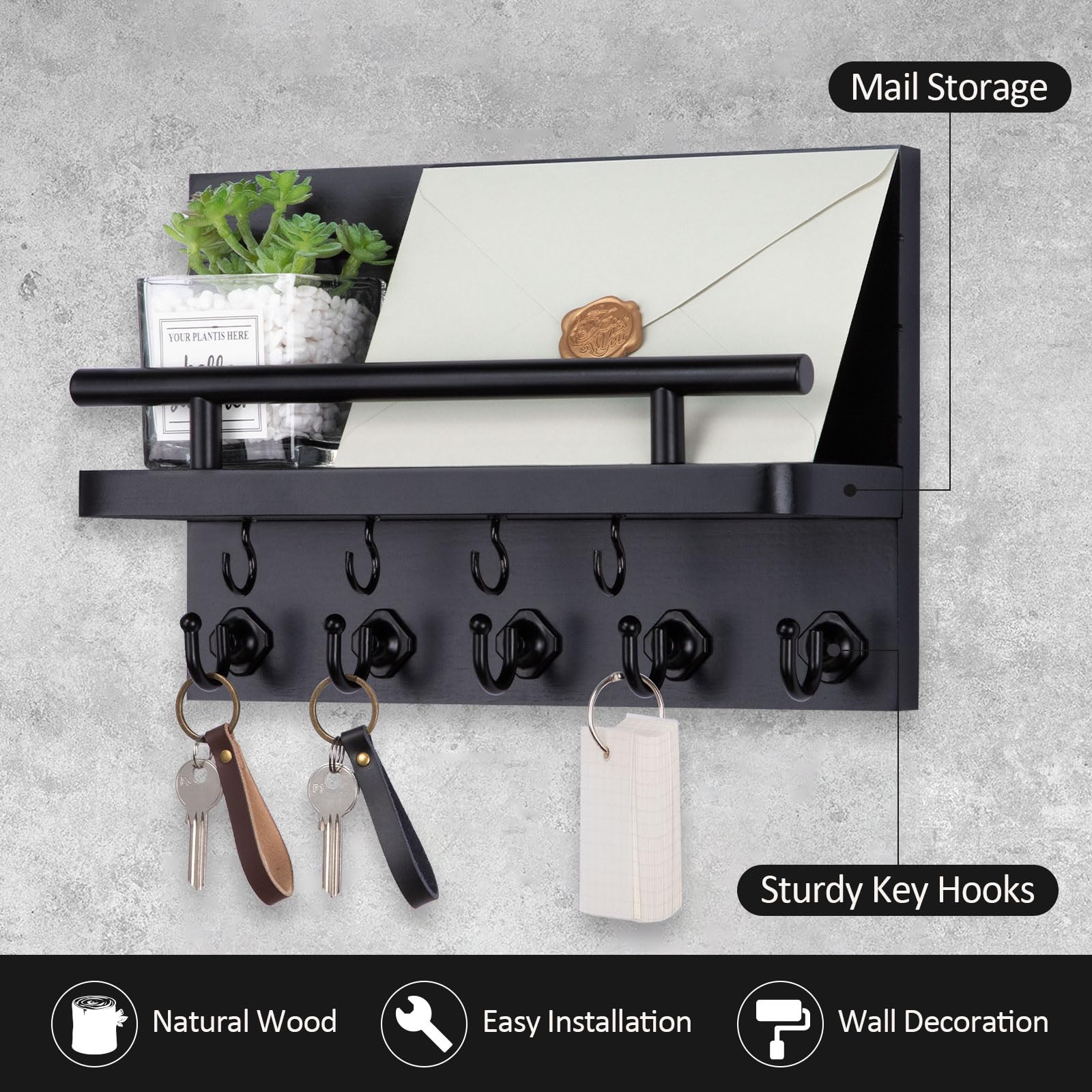 Nekon Key Holder for Wall with Shelf, Entryway Wall Organization with 9 Hooks, 9.8 Inch Wooden Key and Mail Holder with Mounting Screw Pack (Black)