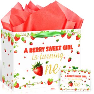 baby girl 1st birthday gift bag a berry sweet girl is turning one gift bag strawberry 1st birthday wrapping bag with tissue paper and card for sweet baby girl baby shower red berry birthday christmas party supplies