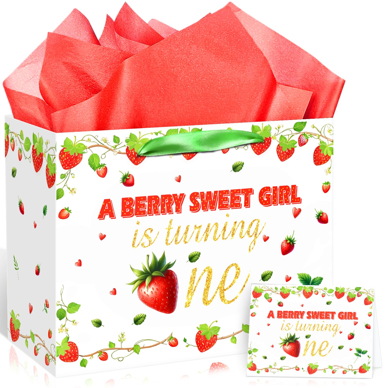 Baby Girl 1st Birthday Gift Bag A Berry Sweet Girl is Turning One Gift Bag Strawberry 1st Birthday Wrapping Bag with Tissue Paper and Card for Sweet Baby Girl Baby Shower Red Berry Birthday Christmas Party Supplies