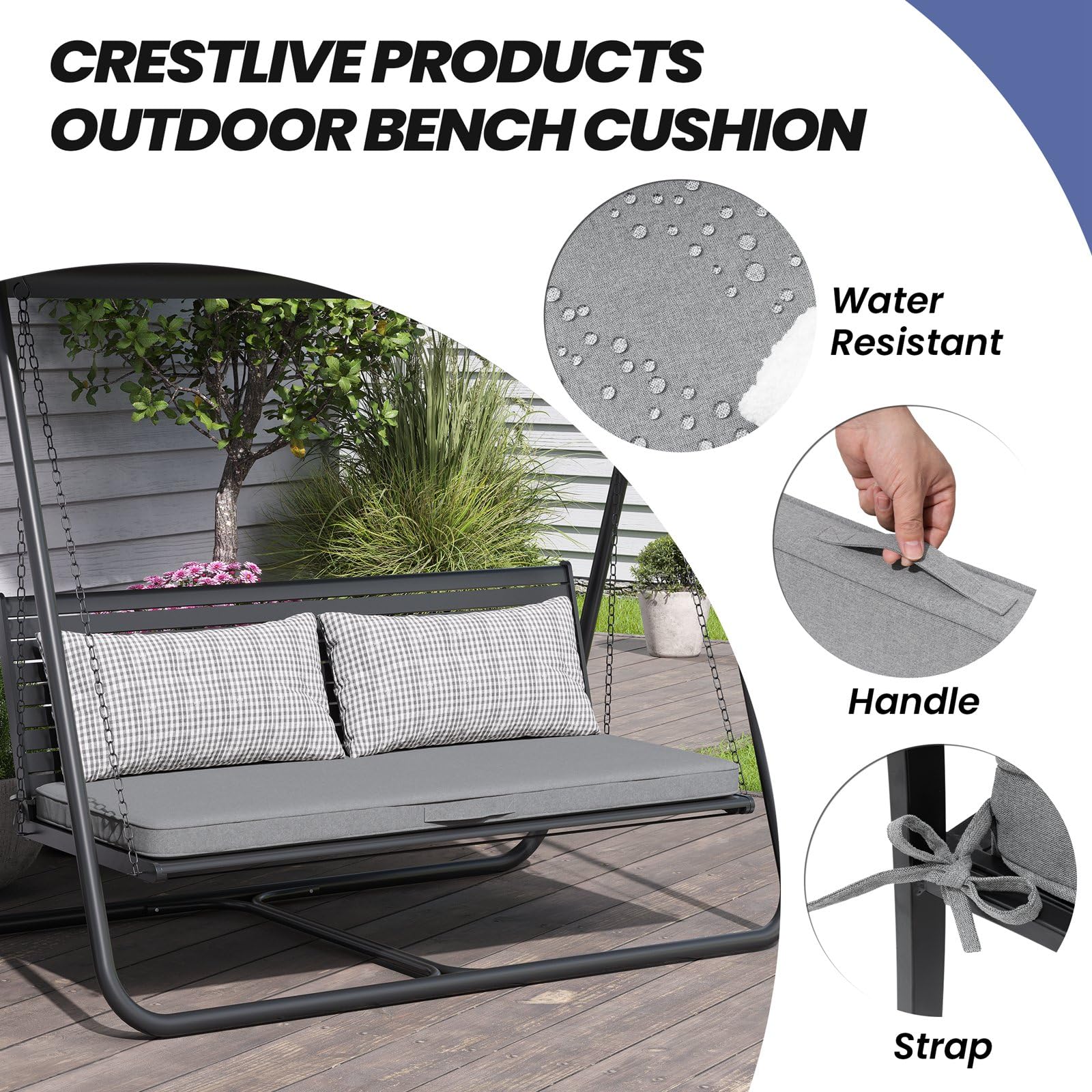 Crestlive Products Outdoor Bench Cushion 48x18 Inches, Patio Furniture Pads with Ties Water Resistant Fabric Durable Thicken Memory Foam for Loveseat Couch Porch Swing, Light Gray