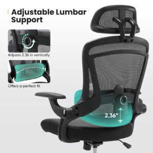 Ergonomic Mesh Office Chair, High Back Desk Chair with 2D Headrest, Up&Down Lumbar Support, Swivel Computer Task Chair with Adjustable Flip-up Armrests, Black