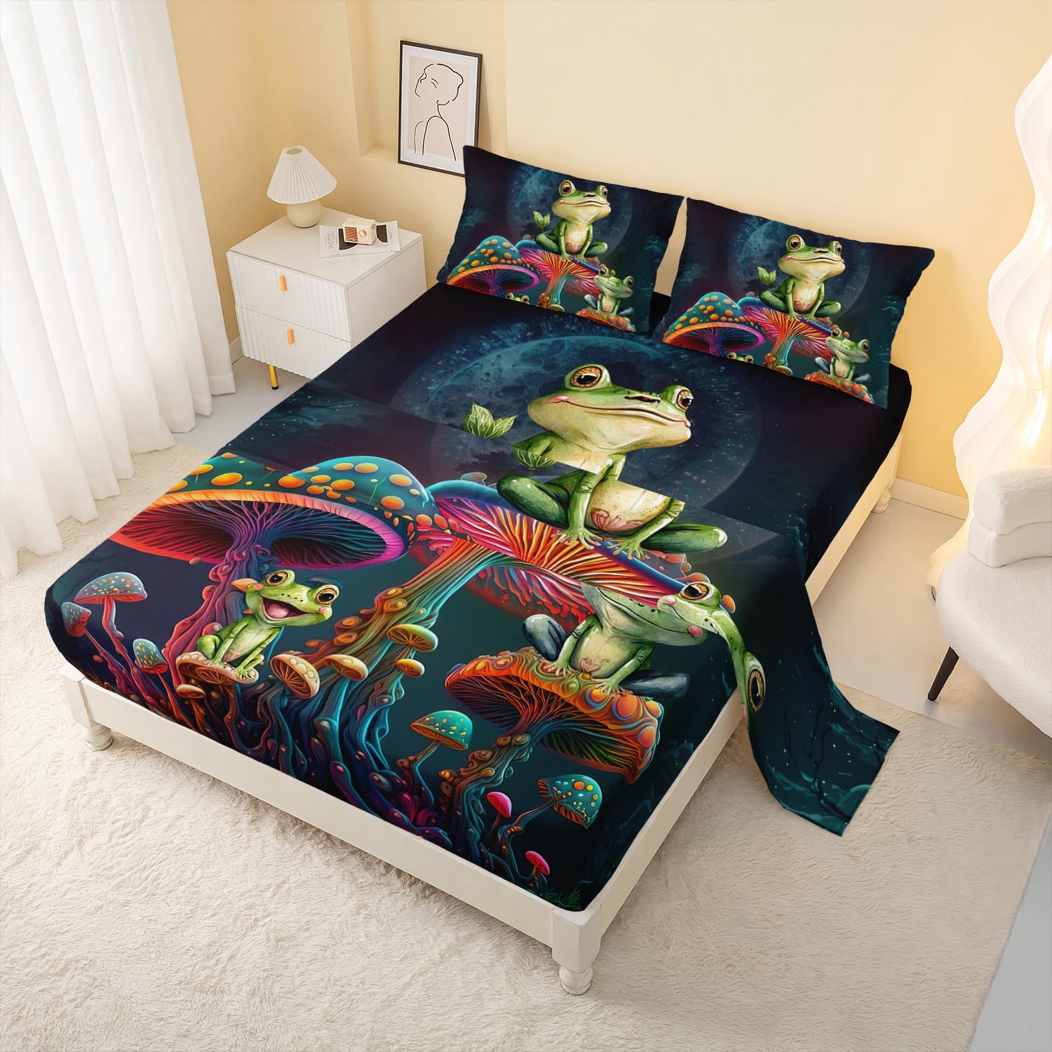 AILONEN Cartoon Mushroom Frog Fitted Sheet Set Full Size,4-Piece Magic Frog Bedding Set - 1 Flat Sheet, Fitted Sheet with 2 Pillowcases,Soft Breathable Microfiber Sheet Set for Kids Boys Girls