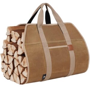 gocampdirect firewood carriers with handles - 39×18inch log carrier | package waxed canvas firewood bag carrier | water resistant firewood tote wood carrying bag for camping indoor - khaki