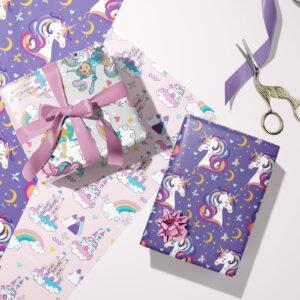 LeZakaa Birthday Wrapping Paper Roll - Mini Roll - Purple Unicorn/Castle, Rainbow/Girl, Unicorn Print for Kids, Girl, Women Gift Wrapping Party Favor - 17.5 x 120 inches, 3 Rolls (42.5 sq.ft.ttl.)