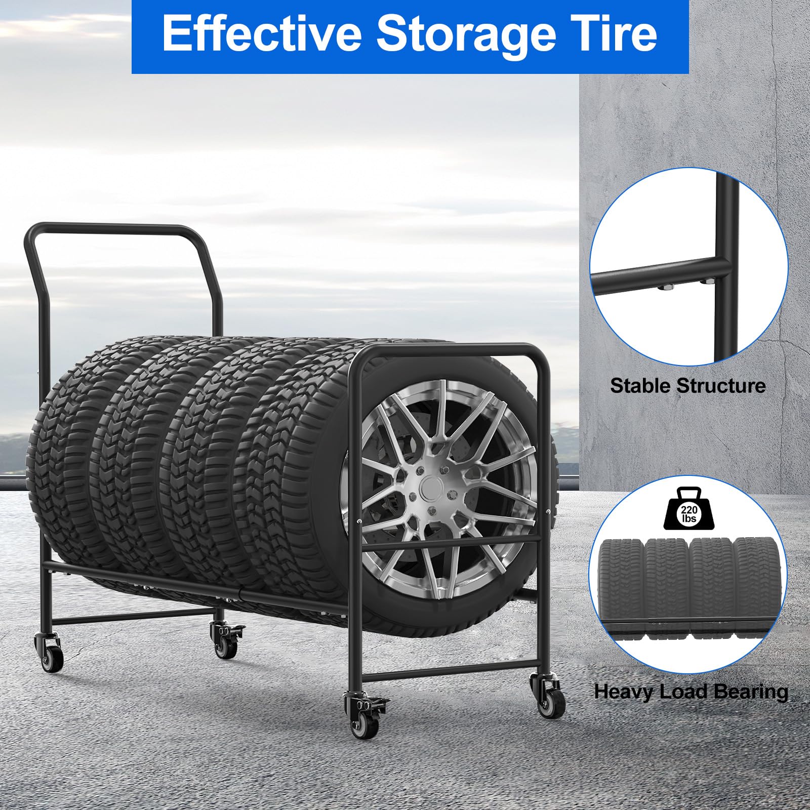 Rolling Tire Rack Adjustable,Metal Tire Storage and Transport Trailer,Heavy Duty Tire Holder,Mobile Tire Storage Shelf Cart with 4 Wheel,Garage/Workshops/Repair Shop Tire Stand Spare Tire Carrier