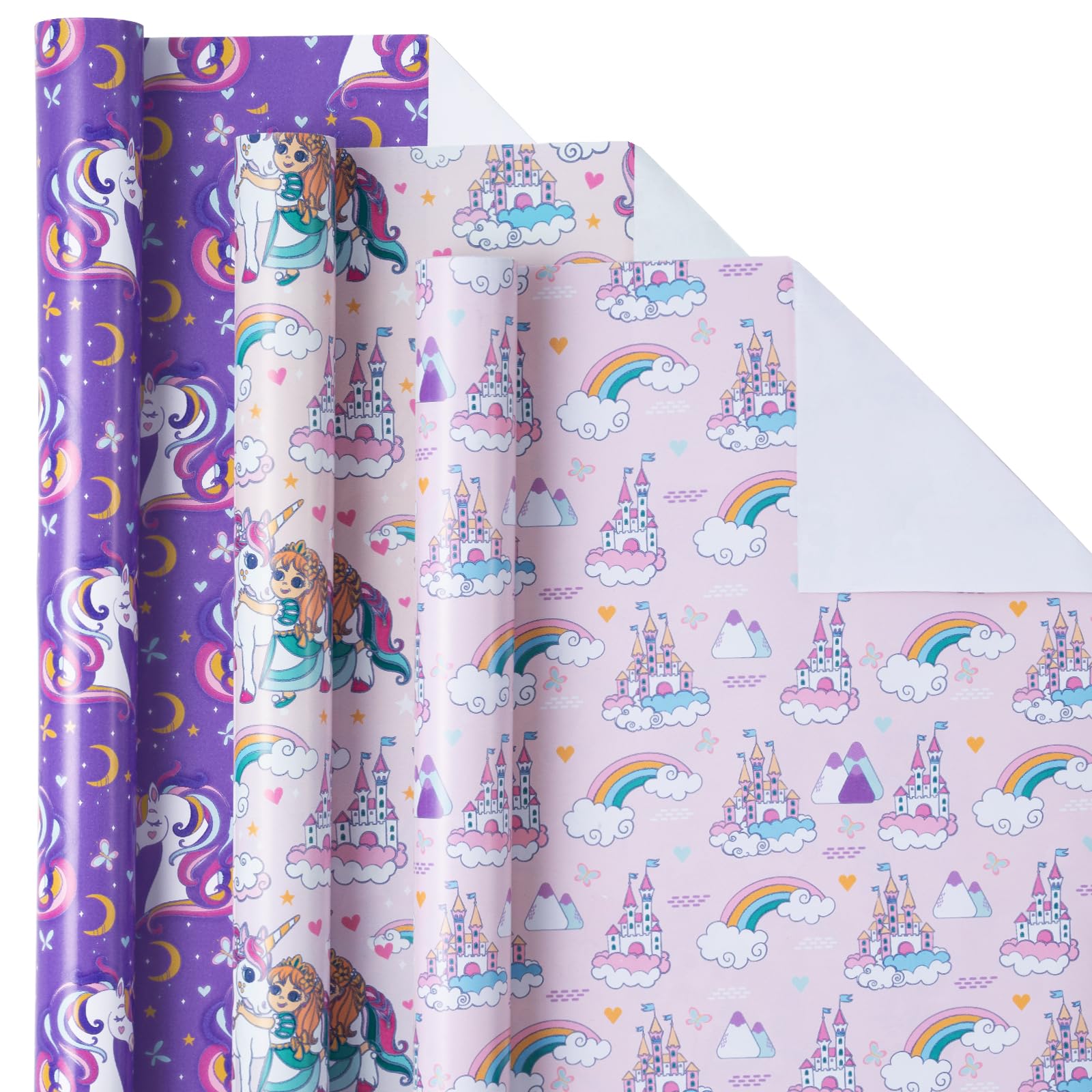 LeZakaa Birthday Wrapping Paper Roll - Mini Roll - Purple Unicorn/Castle, Rainbow/Girl, Unicorn Print for Kids, Girl, Women Gift Wrapping Party Favor - 17.5 x 120 inches, 3 Rolls (42.5 sq.ft.ttl.)