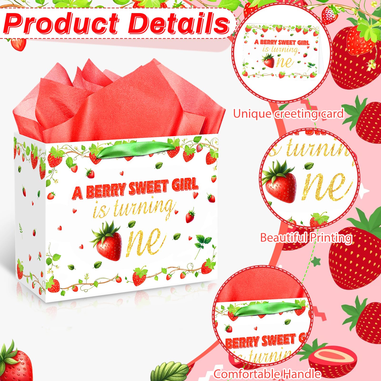 Baby Girl 1st Birthday Gift Bag A Berry Sweet Girl is Turning One Gift Bag Strawberry 1st Birthday Wrapping Bag with Tissue Paper and Card for Sweet Baby Girl Baby Shower Red Berry Birthday Christmas Party Supplies