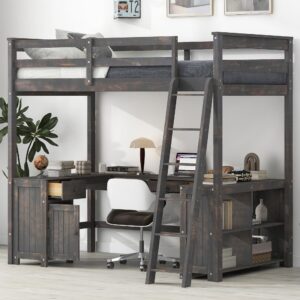 merax full size loft bed, wood full loft bed frame with u-shaped desk, cabinet, drawers and storage shelves, antique brown