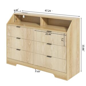 Dresser for Bedroom Wood 6 Drawer Dresser with Charging Station, Accent Fluted Drawer Dresser Bedroom Dresser, Wooden Chest of Drawers Mid Century Modern Storage Dressers Chest for Living Room