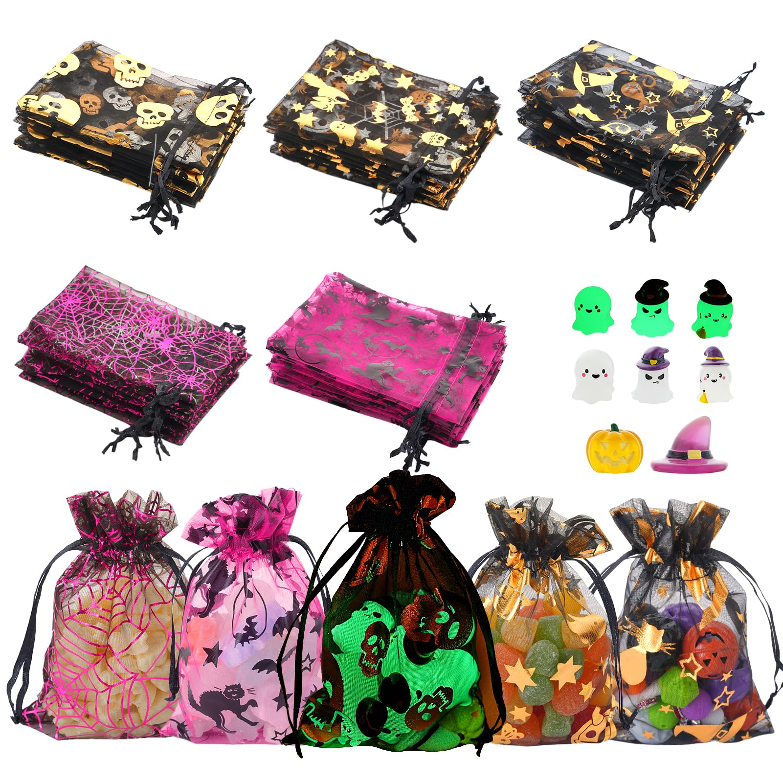 QPRETTY DU 100PCS Halloween Organza Gif Bags Set, 25PCS Glow in The Dark Resin Figures,25PCS Tattoo Sticker,Black Drawstring Gift Bags,4×6 Mesh Candy Gift Bags for Halloween Party Favors Set