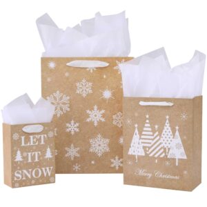 suncolor 9 pack christmas gift bags assorted sizes with tissue paper (3 large 13", 3 medium 9", 3 small 6", brown&white)