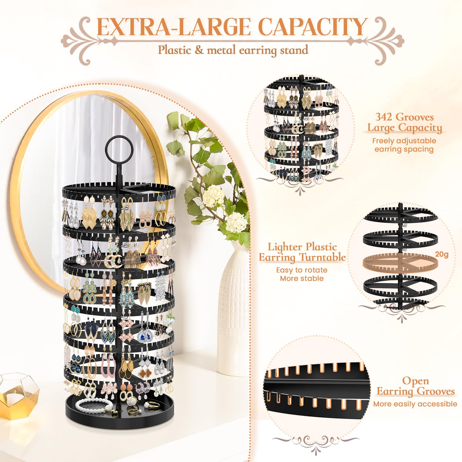 iDavosic.ly 6 Tier Rotating Earring Holder Organizer with Metal Tray, Adjustable Plastic Earring Display Stands Tree with 342 Grooves, Large Earring Storage Rack Tower for Hoop Dangle, Black