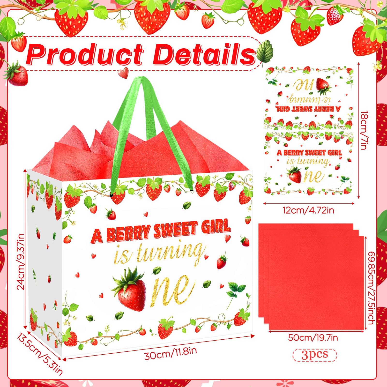 Baby Girl 1st Birthday Gift Bag A Berry Sweet Girl is Turning One Gift Bag Strawberry 1st Birthday Wrapping Bag with Tissue Paper and Card for Sweet Baby Girl Baby Shower Red Berry Birthday Christmas Party Supplies