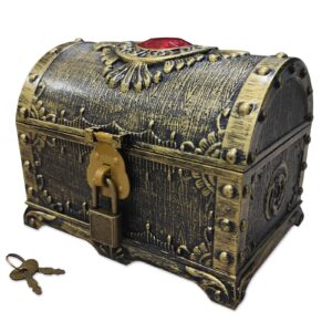 flyekist kids pirate treasure chest storage box,red rhinestone inlaid top decorative pirate chest with lock and key for kids birthday,halloween, christmas pirate party favors